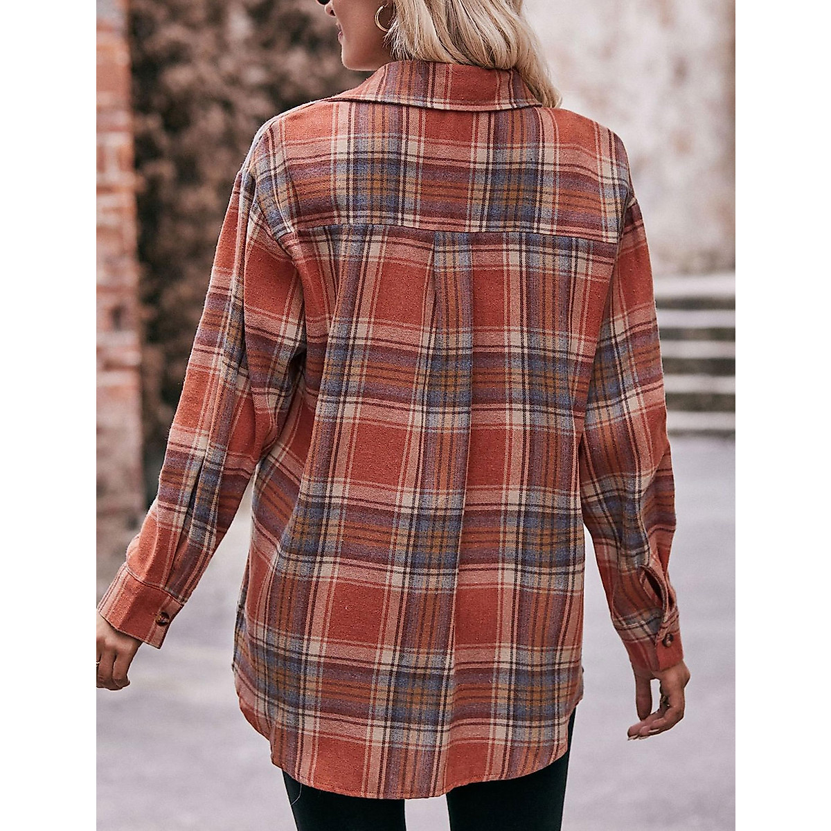 Korebow Women's Lightweight Flannel Plaid Button Down Shirts Oversized Long Sleeve Shacket Jacket Tops(0200-Orange-XL)