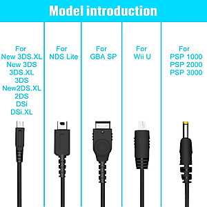 Xahpower 5 in 1 USB Charger Cable Cord for Nintendo NDS Lite/Wii U/New 3DS(XL/LL),3DS(XL/LL),2DS,DSi(XL/LL),NDS/GBA SP(Gameboy Advance sp),PSP 1000 2000 3000