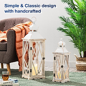 Glitzhome Farmhouse Wood Metal Lanterns Decorative Hanging Candle Lanterns White Set of 2 (No Glass)