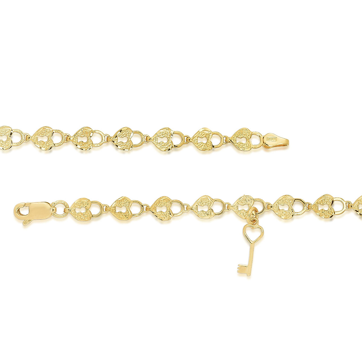 Floreo 10k Yellow Gold Textured Finish Heart Shape Lock and Key Link Charm Bracelet