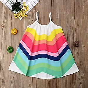 Toddler Baby Girl Summer Boho Rainbow Stripe Spaghetti Strap Beach Sun Dress (Rainbow, 5-6T)