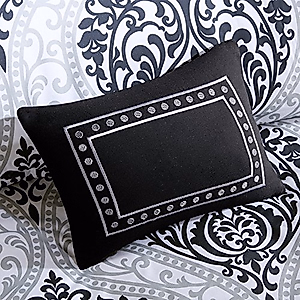 Comfort Spaces Cozy Comforter Set-Modern Casual Boho Bedding Set, Matching Sham, Decorative Pillow, Full/Queen(90"x90"), Coco Damask Black/White 4 Piece