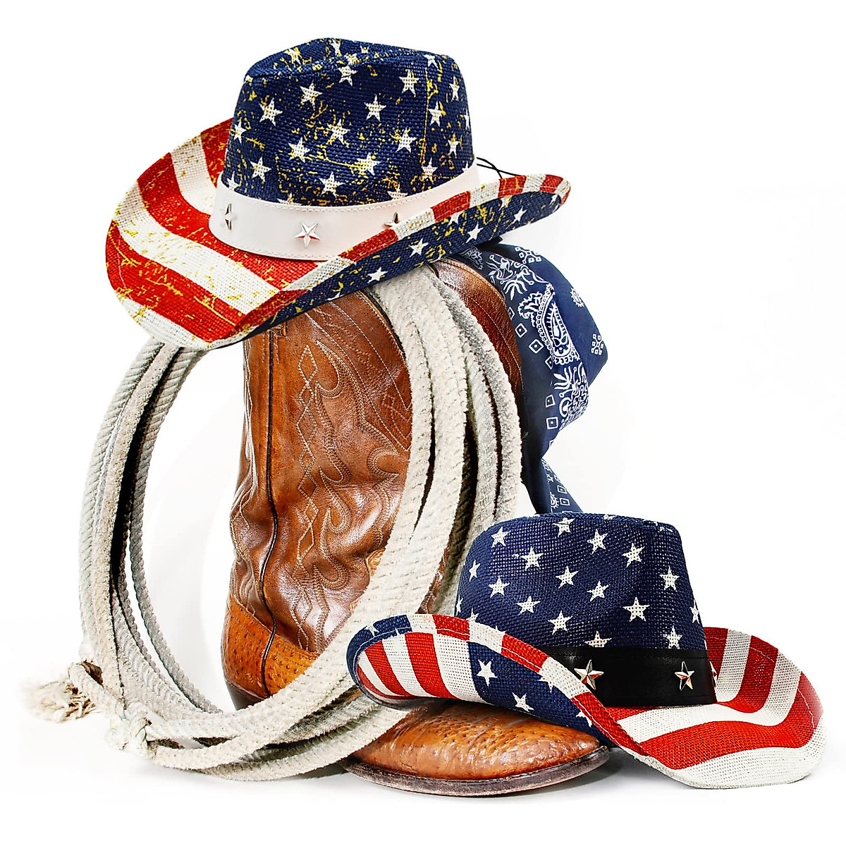 FLUFFY SENSE. American Flag Cowboy Hat USA Vintage Western Style Party Parade Rodeos Patriotic Unisex Cowboy Cowgirl Hat (US, Alpha, Medium, Large, Blue USA Pride)