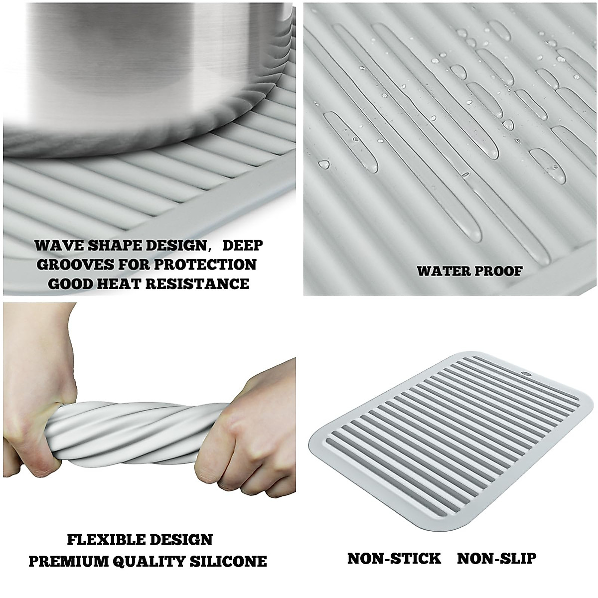 TOPULORS 3 PCS Silicone Trivets for Hot Pots and Pans 9"x12" Heat Resistant Mat Hot Pads for Kitchen Quartz Countertops - Dish Drying Mat Non-Slip Potholders Pot Holders Trivets for Hot Dishes - Gray