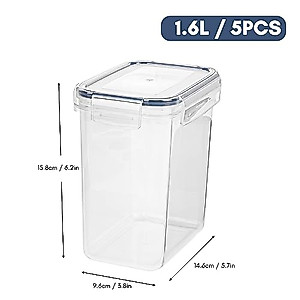 Moretoes 5 Pack 1.6L Airtight Food Storage Containers, 1.5qt Plastic Storage Boxes for Organiziting Kitchen with labels and Measuring Bottles, for Cereals, Beans,Sugar, Flour