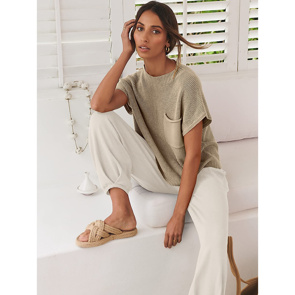 ANRABESS Women's Two Piece Outfits Knit Sweater Pullover Crop Top & Pants Lounge Matching Tracksuit Sweatsuit Sets 2024 Trendy Loungewear Clothes Khaki White X-Large