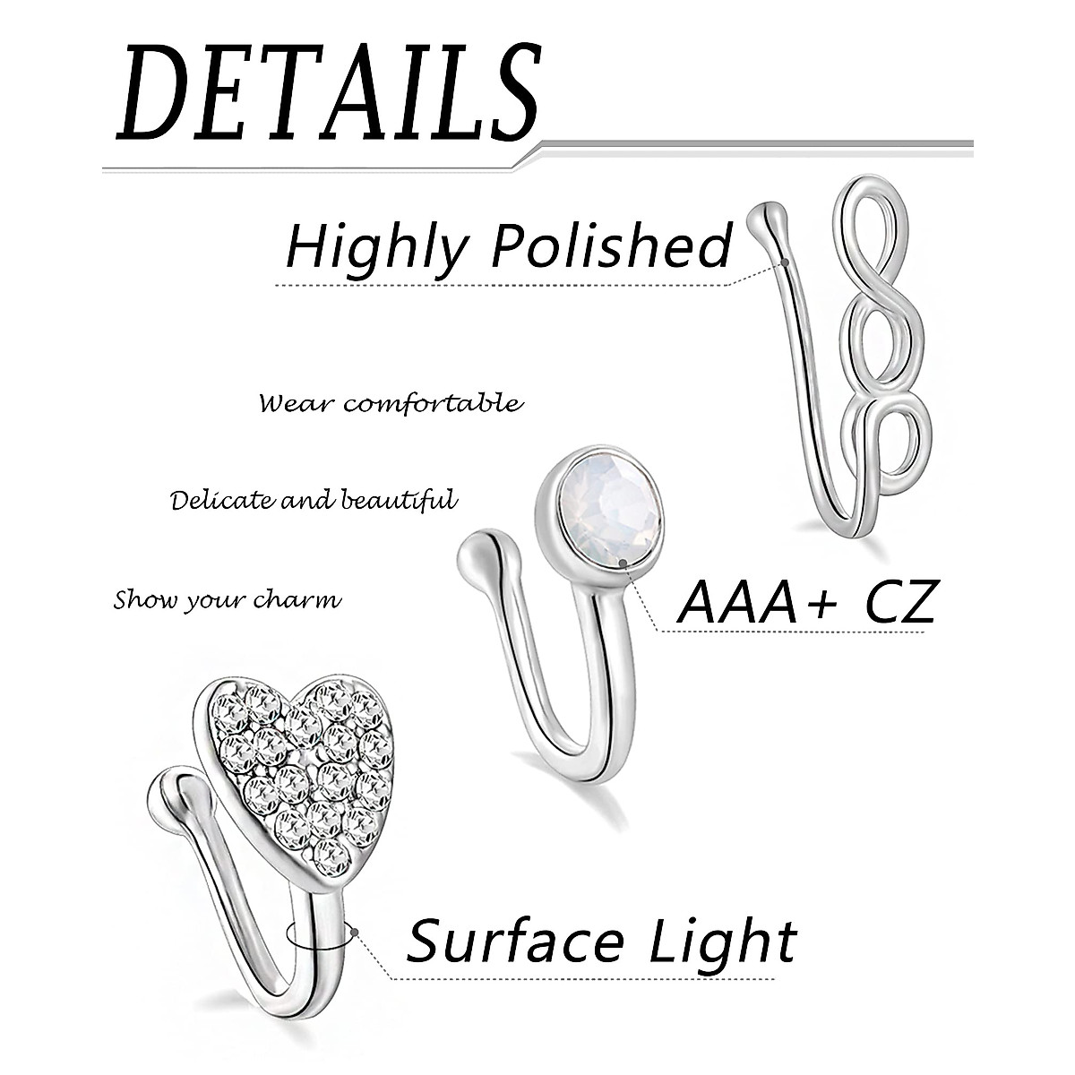 Akeoqi 16-24Pcs African Faux Nose Cuff Non Piercing Inlaid Cubic Zirconia Clip on Nose Ring Star flower Leaf Heart Shape Nose Ring Fake Nose Cuff for Women Silver Gold Rose Gold Tone