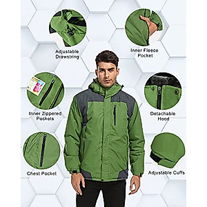 Mens Winter Jackets Ski Snow Coats Warm Fleece Lined Waterproof Windbreaker Softshell Hooded Jackets Raincoats Green 2XL