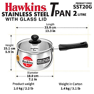 HAWKINS 2 Litre Stainless Steel TPan with Glass Lid, Induction Saucepan, Steel Utensil, Silver (SST20G)