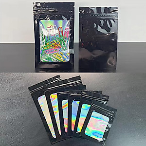 100 Pieces Smell Proof Bags Holographic Piecesaging Bags Storage Bag with Clear Window for Food Storage (Black Color, 5.5x7.9 Inch)