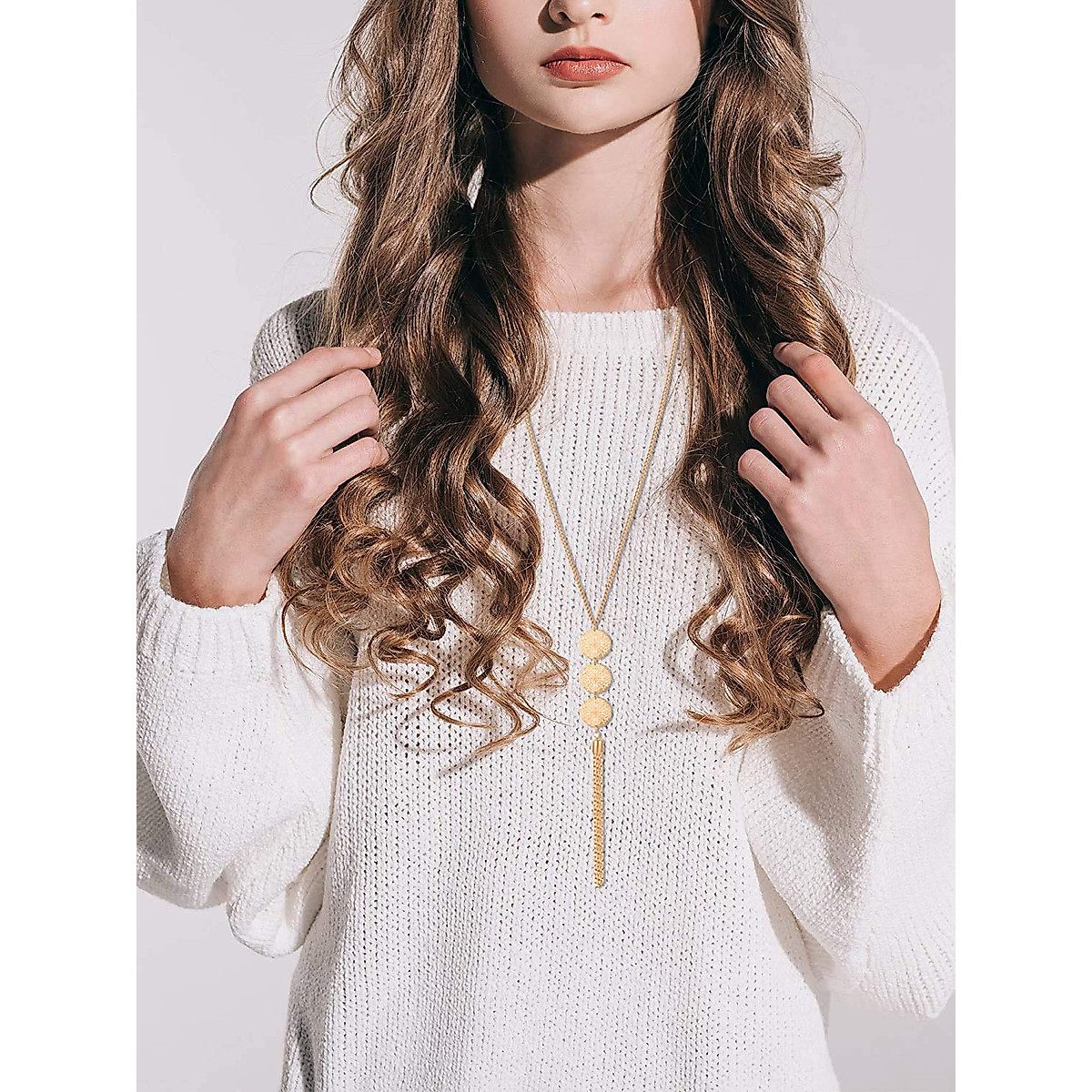 Fecsiory 12 Pcs Long Pendant Necklace for Women, Gold Bar Feather Triangle Leaf Lock Tassel Y Necklace Jewelry Set