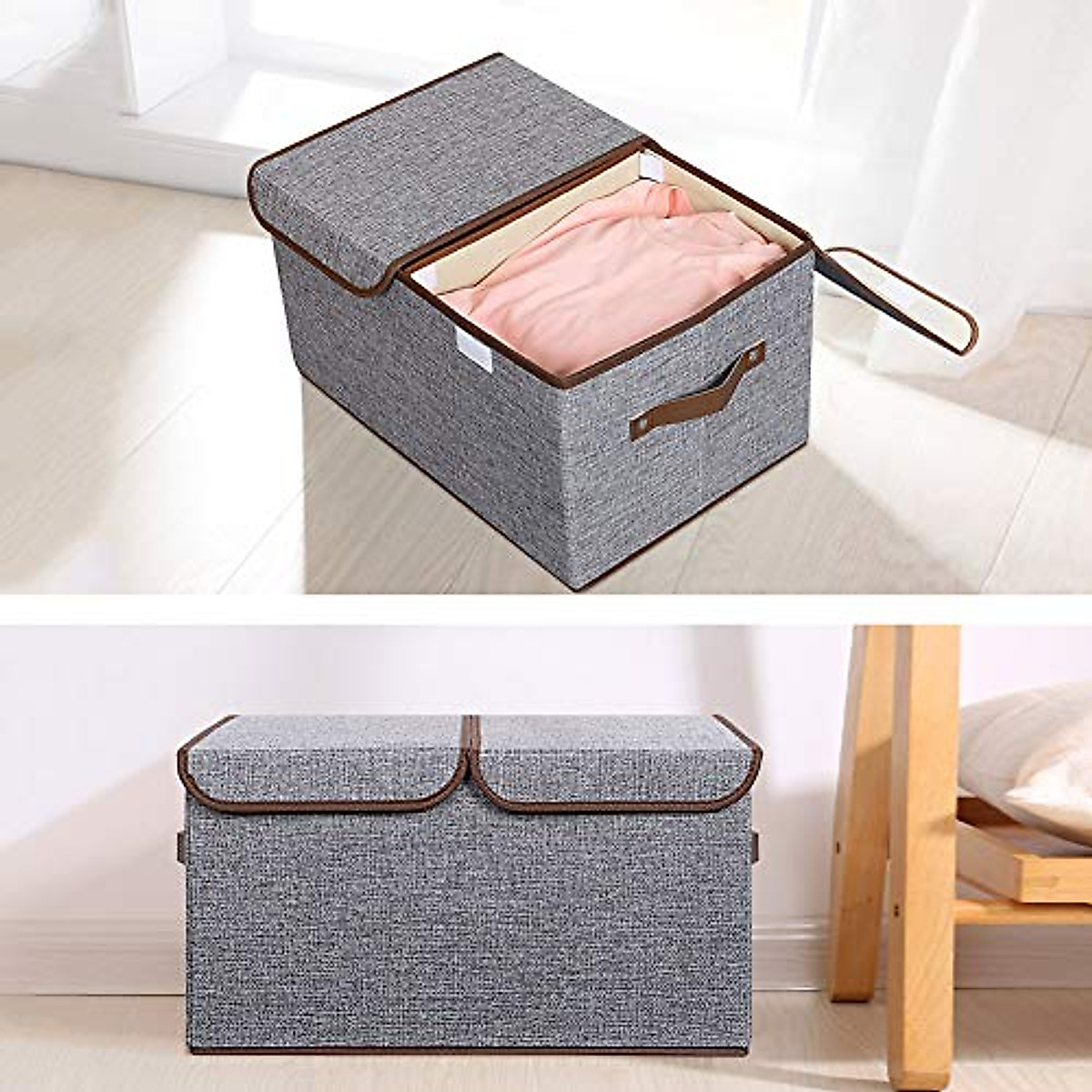 UUJOLY Large Storage Bins Linen Fabric Foldable Basket Cubes Organizer Storage Box Drawer with Lid and Handles for Home, Office, Closet, Bedroom, Nursery (Gray)