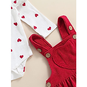 0-18M Infant Baby Girls Outfits Long Sleeve Ruffle Knit Heart Print Romper+ Suspender Skirt Overall Dress Set (Red, 3-6 Months)