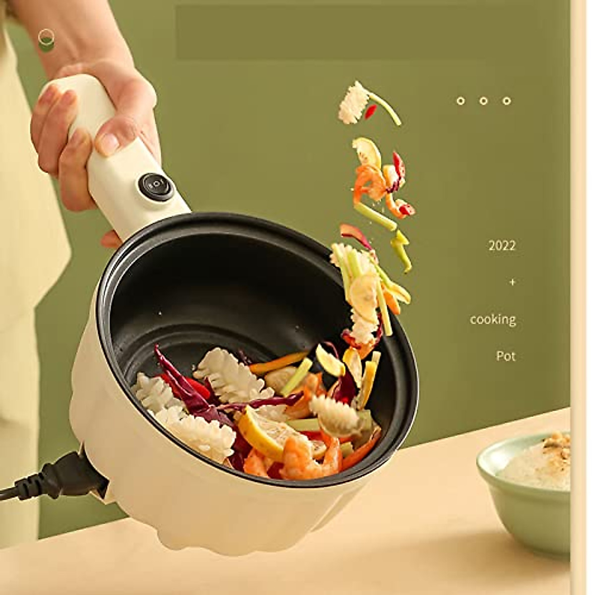 Kitchen Cooker, Electric Hot Pot Non Stick Pans Mini Ceramic Pot Personal Electric Skillet with Handles Lids for Steak Egg Fried Rice Ramen Oatmeal Soup (White)