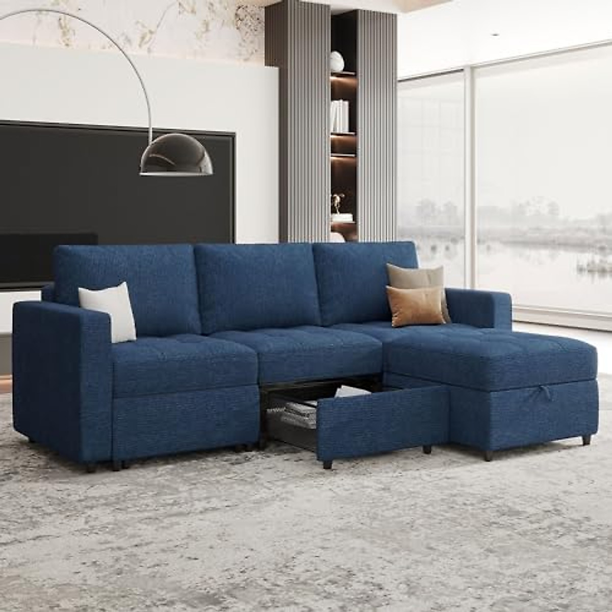 Belffin Modern Fabric Convertible Modular Sectional Sofa Couch with Reversible Chaise and Storage Seats 3 Seater Sofa Sectionals L Shaped Couch Set with Ottoman for Small Space Blue