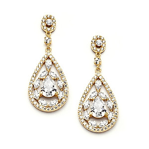 Mariell Gold Dangle Earrings for Brides with Cubic Zirconia Crystals, Art Deco Mosaic Design, Earrings for Wedding, Prom, Mother of the Bride