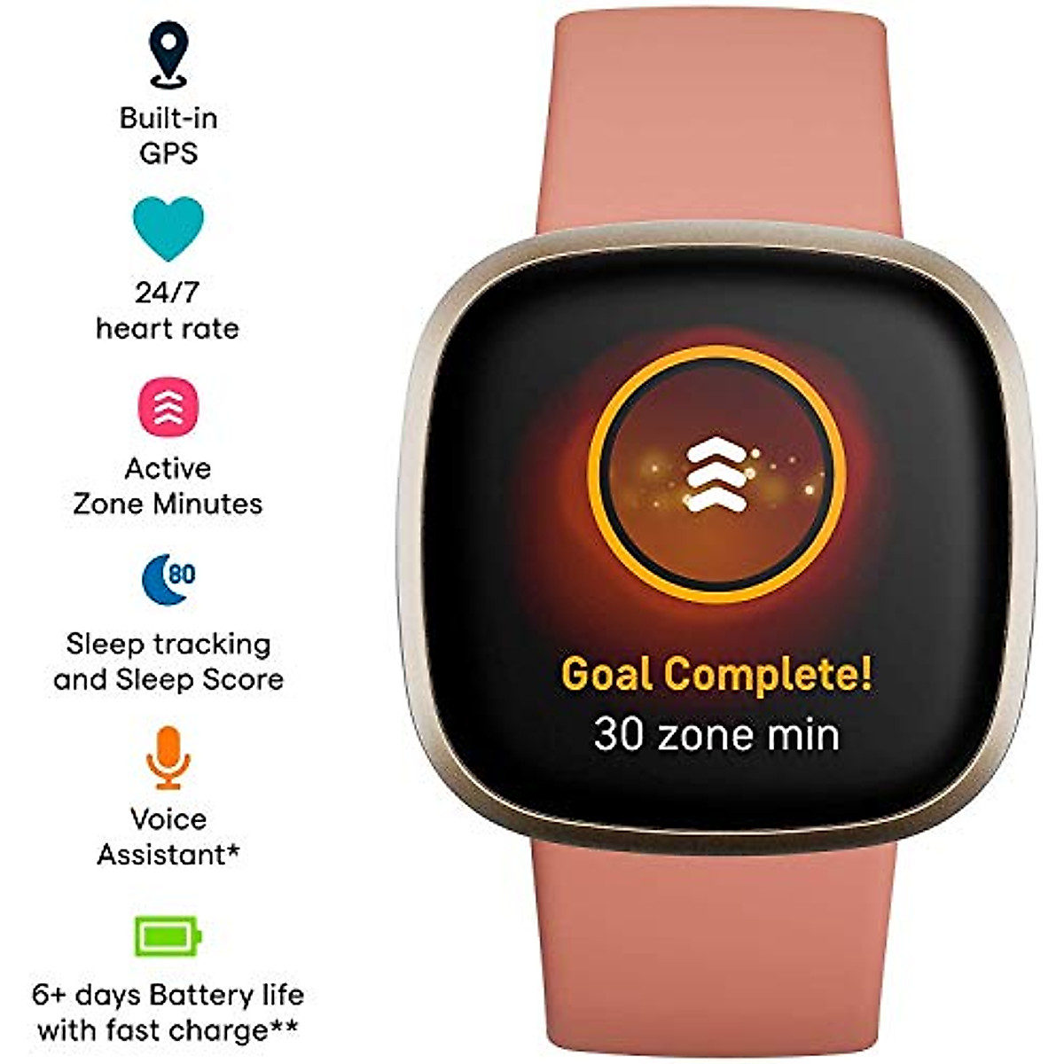 Fitbit Versa 3 Health & Fitness Smartwatch with GPS, 24/7 Heart Rate, Alexa Built-in, 6+ Days Battery, Pink/Gold, One Size (S & L Bands Included)