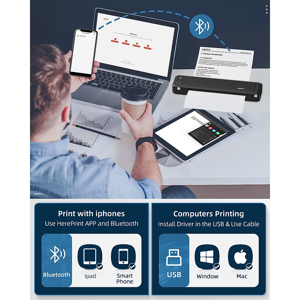 HPRT Portable Printer Wireless Bluetooth Thermal Transfer Mobile Printer Inkless Phone Compatible with Android and iOS, Laptop for Travel 8.5" X 11" US Letter&A4 Paper (USB Driver Included)