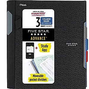 Five Star Advance Spiral Notebook + Study App, 3 Subject, College Ruled Paper, 11" x 8-1/2", 150 Sheets, With Spiral Guard and Movable Dividers, Black, 1 Count (73132)