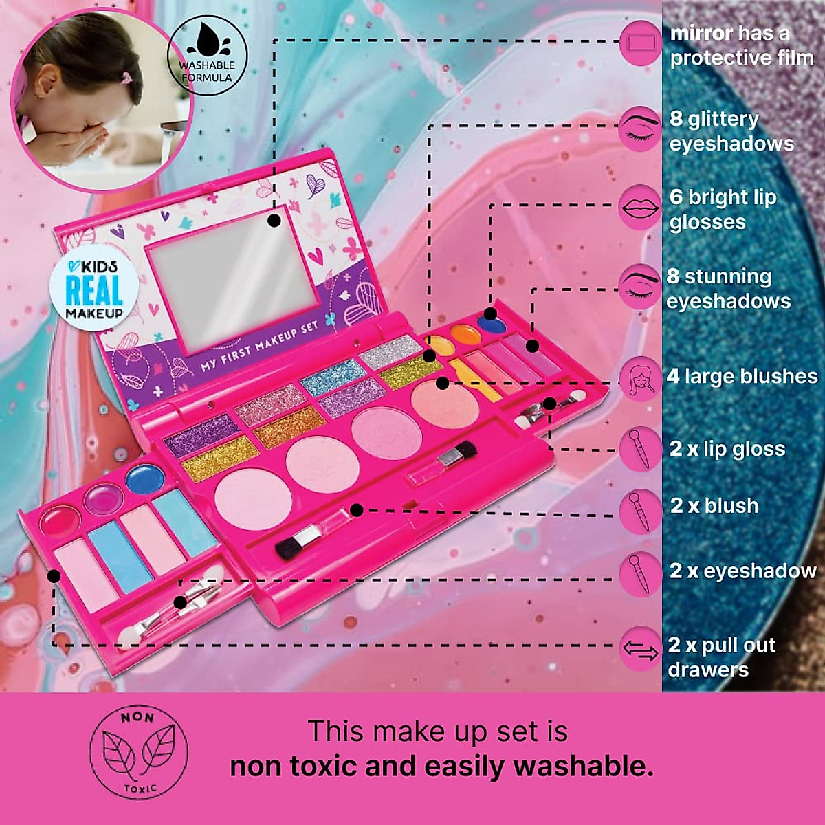 My First Makeup Set for Young Girls I Kids Makeup Kit for Little Girls I Foldable Makeup Palette with Makeup Mirror I Pink Set Makeup for Kids Vanity I Original Design Washable Toddler Makeup Kit Gift