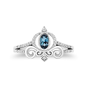 Jewelili Enchanted Disney Fine Jewelry Sterling Silver with 1/10cttw Diamonds and London Blue Topaz Cinderella Carriage Ring Size 7
