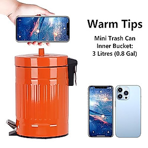 OCTMUSTARD 3 Liter / 0.8 Gal Mini Metal Trash Can with Lid,Small Pet Garbage Can Waste Basket for Car,Office,Outdoor or Home Kitchen and Bathroom Decor,Orange 9" X 6.75" X 11.25"
