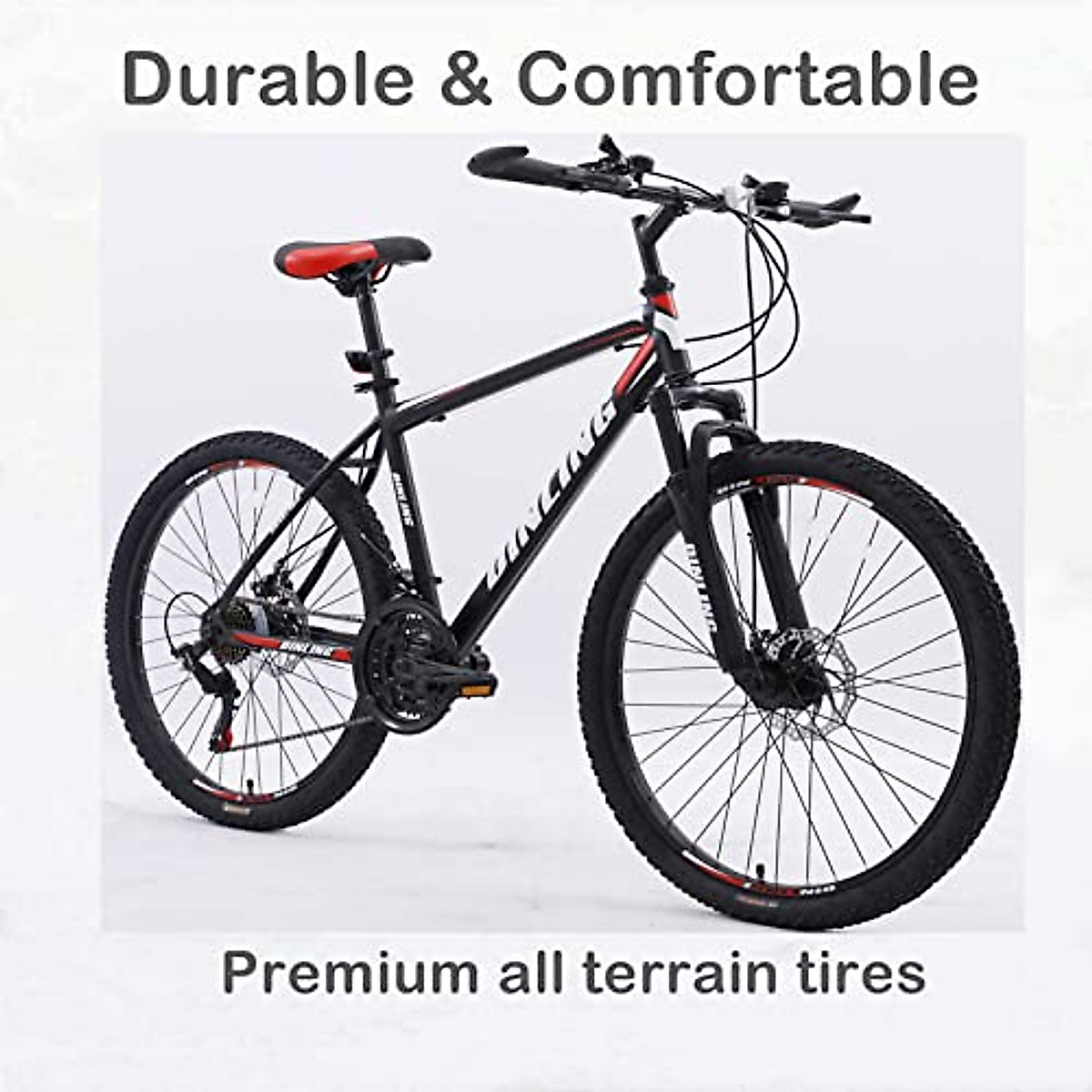 26 inch Mountain Bike, 21-Speed Mountain Bicycles, Comfort MTB with Front Suspension and Disc Brakes, Mens and Womens Commuting City Road Bike (Black Red)