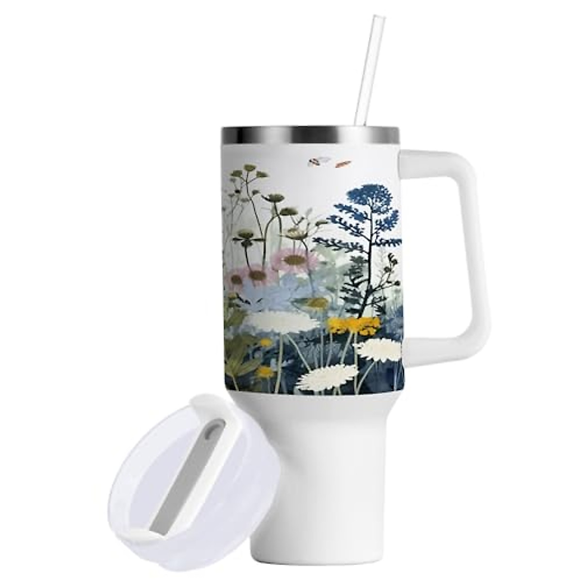 Jihqo Beautiful Wildflowers 40 oz Stainless Steel Vacuum Insulated Tumbler with Handle and Straw Lid Reusable Leakproof Water Bottle Double Wall Travel Mug Coffee Cup, Cupholder Friendly