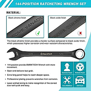 DURATECH Ratcheting Combination Wrench Set, 144-P, Double-Stacked Pawls, 8-Piece, SAE, 5/16'' to 3/4'', CR-V Steel, Black Chrome Plated, with Organizer Pouch