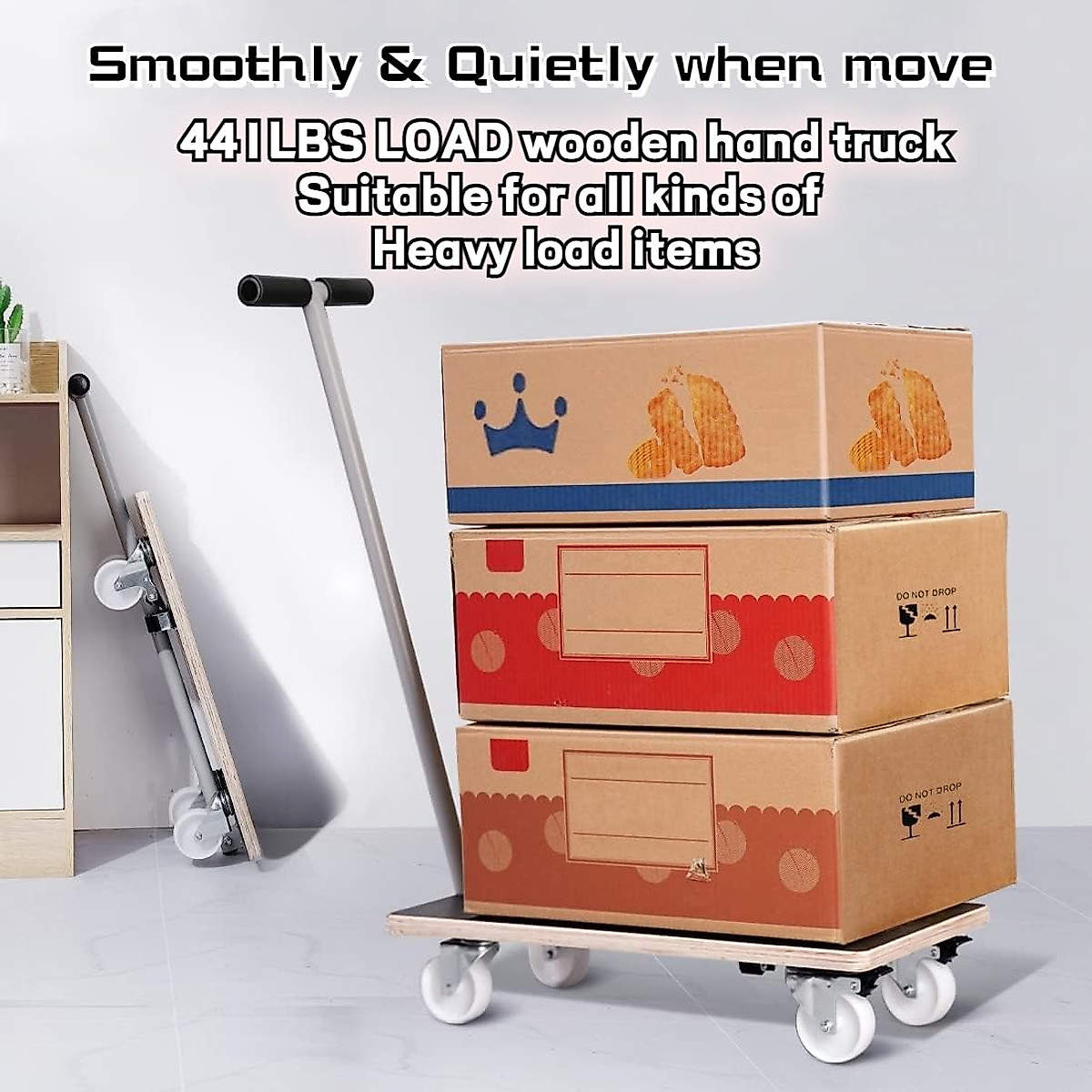 HBFBDRCT Rectangle with Handle Wood Platform Dolly, 441-lb Load Heavy Duty Wood Furniture Dolly, Plant Dolly, Transport Roller,Multifunctional Movers Carrier with 3" PP Wheels No Assembly Required