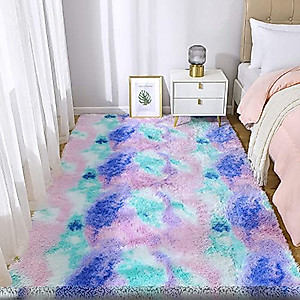 FGCOGOD Fluffy Soft Shag Rug for Bedroom, 3 x 5 Feet Kids Rugs for Bedroom Girls, Shaggy Tie Dyed Purple Blue Carpet for Living Room, Colorful Non-Slip Area Rug, Children Playroom Nursery Rug