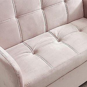 Sofa Couch w/Pull Out Sleeper Bed, 55.5” Pink Velvet Upholstery Convertible Loveseat Twin Sofabed with Two Arm Pockets, 3-angle Adjustable Backrest Sofa, Build-in 2 USB Charger Ports for Living Room