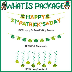St.Patricks Day Decorations,1 Felt Shamrock Clover Garland+ 1 Happy St.Patricks Day Banner+8Pcs Hanging Swirls,St. Patrick 's Day Banner Decor perfect for Irish party supplies- Green and Light Green Color