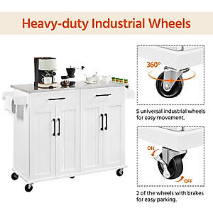 Yaheetech Kitchen Island Cart with Storage & Stainless Steel Countertop, Portable Kitchen Island on Wheels with Cabinet & Adjustable Shelves & 2 Drawers, Rolling Island Table for Kitchen, White
