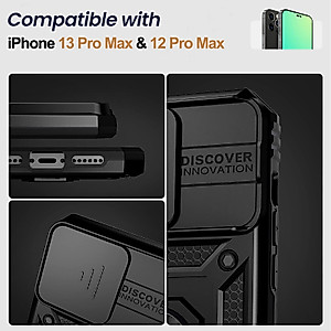 Goton Armor Case for iPhone 13 Pro Max & iPhone 12 Pro Max Case with Sliding Camera Cover & Stand, Heavy Duty Shockproof Protective Rugged Phone Case with 360-degree Rotatable Ring Kickstand - Black