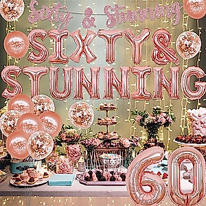 Wonmelody Funny 60th Birthday Decorations Rose Gold Stunning Glitter Birthday Decor Sixty & Stunning Glitter Cake Topper Banner Rose Gold Sixty & Fabulous Happy 60th Birthday Decor for Women