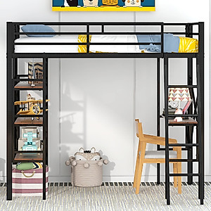 Kids Metal Loft Bed Twin Size, Twin Loft Bed with Desk and Storage, Twin Size Loft Bed with Full Length Guardrail and Ladder, Heavy Duty Loft Bed for Kids, (Twin Black)