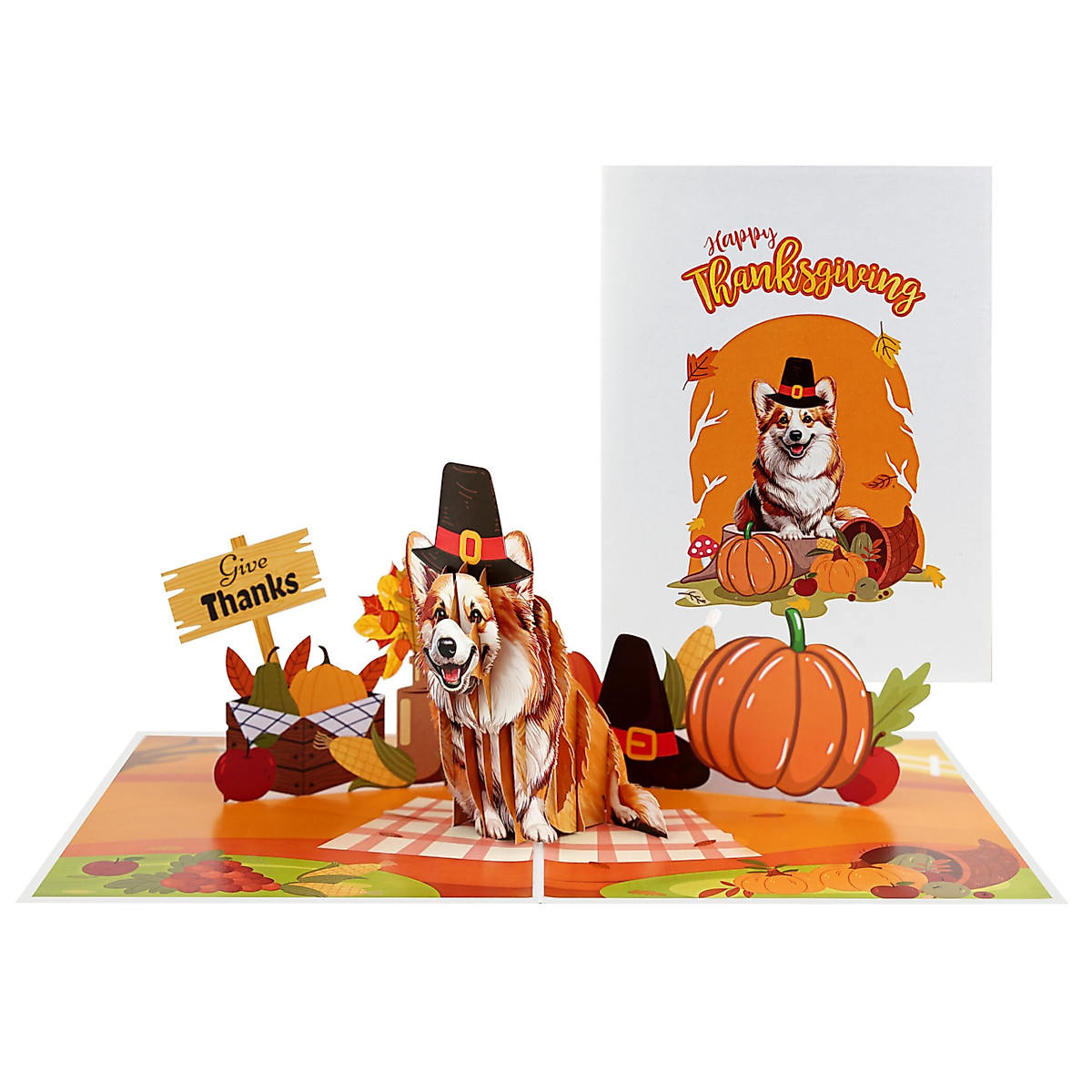 iGifts And Cards Thanksgiving Blessings with Corgi 3D Pop Up Card - 6x8 Greeting Card with Envelope & Notecard, Cornucopia of Thanks, Holiday Season, Autumn Harvest, Gratitude Gift for Dog Lovers