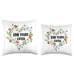100th Birthday Gift Ideas for Her Him Floral Old Birthday Men Women 100 Years Loved Throw Pillow, 16x16, Multicolor