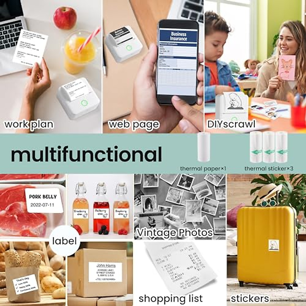 ZERNBER X6 Mini Printer Sticker Maker, Portable Inkless Thermal Bluetooth Label Photo Printer for Journaling, Entertainment, DIY Gifts for Kids (Free 4 Rolls of Printing Paper) White