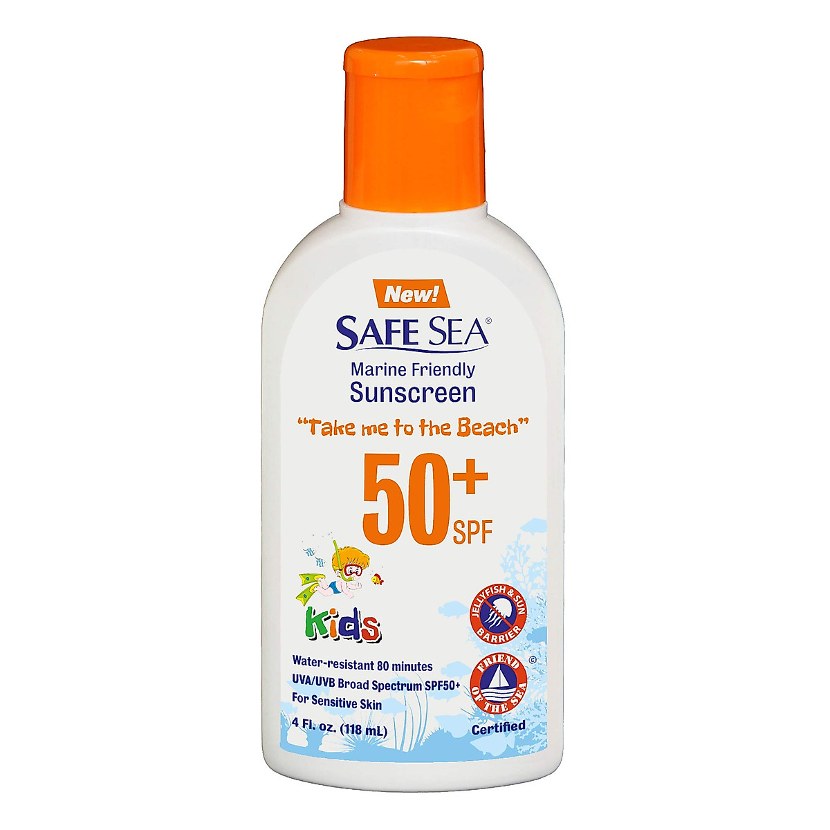 Safe Sea Jellyfish Sting-Blocking Sunscreen for Kids, SPF 50+ Lotion 4oz, Waterproof, Biodegradable, Coral Reef-Safe – Body and Face Sunscreen, Anti-Jellyfish and Sea-Lice sting protection.