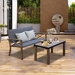 Domi Aluminum Patio Furniture Set, 2-Piece Modern Conversation Set with Cotton Padding Backrests and Seats, Outdoor Loveseat Metal Sofa Set with 5.5 Inch Cushion and Coffee Table for Balcony, Garden