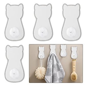 DeryArcle 4Pcs Cat Key Hook, Self Adhesive Hooks White Creative Cartoon Coat Hook Wall Mounted Hanger for Towel Scarf Bag Hat Gloves Robe Clothes (Type A)