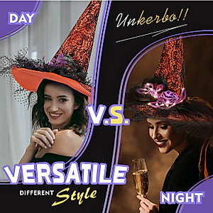 UNKENBO Orange LED Light Witch Hats for Women - Fancy Light Weight Halloween Witch Hat with Cute Lace and Large Hat Brim Unique Halloween Designs and Purple Feather for Witch Costume Size: 20 inch