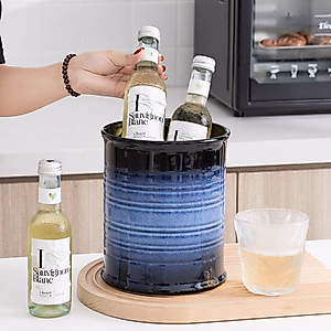 Nihow Kitchen Utensil Holder: 7.2 Inch Extra Large Ceramic Utensil Holder for Countertop - Stable Utensil Crock for Kitchen Counter Decor - Elegant Blue & Black (1PC)