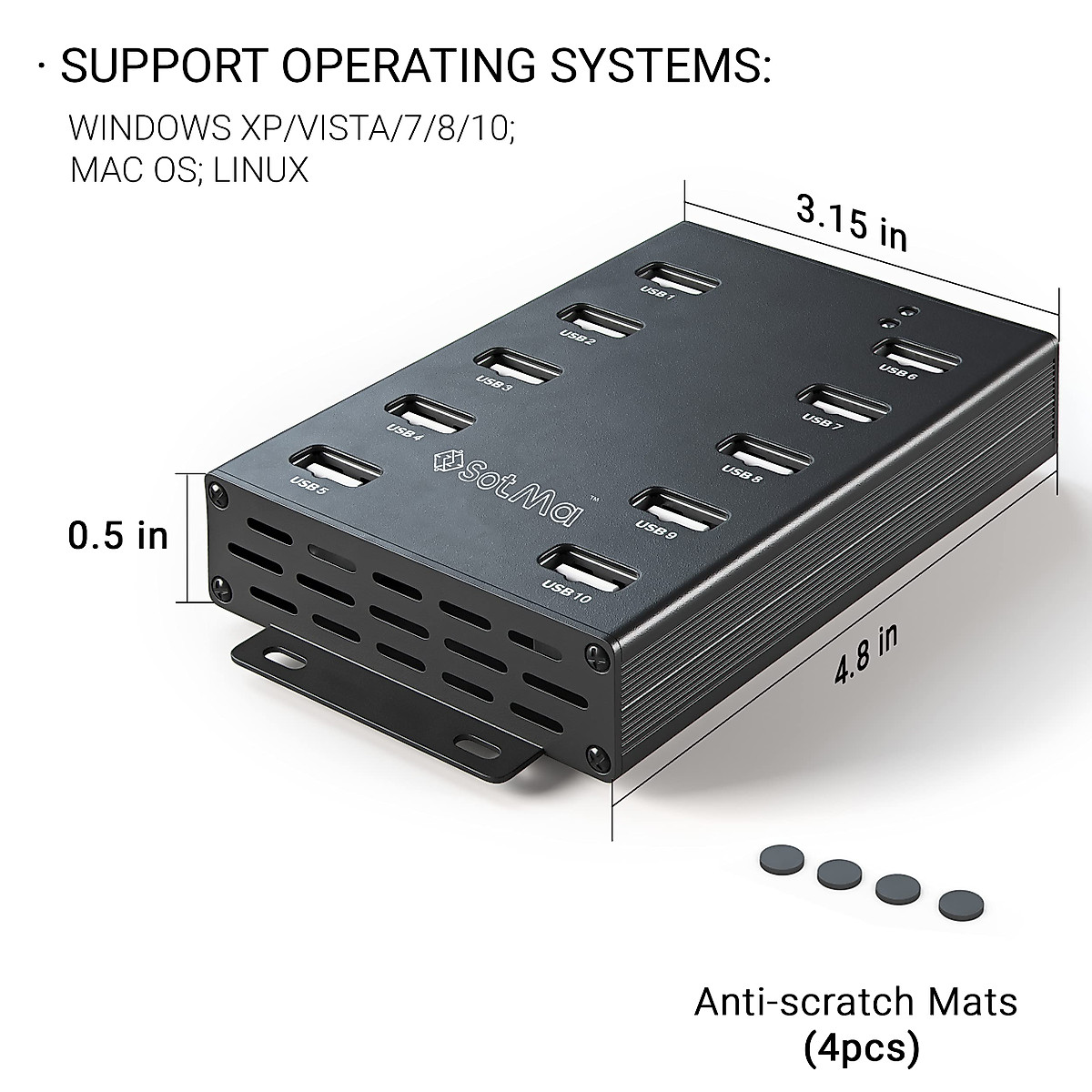 SotMa 10 Port USB 2.0 Hub - USB Hub - Powered USB Hub for Mining - Multiple USB Port Hub - USB Splitter Hub with 12V 5A Power Adapter, LEDs, Mounting Bracket - Black