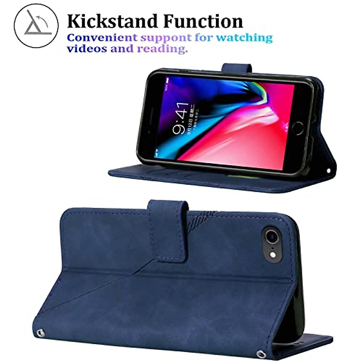 Moment Dextrad for iPhone SE 2022 Case Wallet,iPhone 8/7 Case,SE 2020 Case,6/6S Case,[Kickstand][Wrist Strap][Card Holder Slots] PU Leather Protective Folio Flip Cover (Blue)