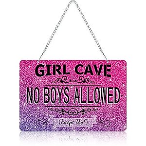 Hotop Girl Cave Metal Sign Funny No Boys Allowed Except Dad Sign Girl Room Wall Door Sign Decor with Chain for Teen Girls Daughter Bedroom Door Wall Decoration, 12 x 8 Inch