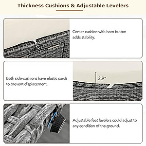 EOVTK Outdoor Rattan Daybed, Multifunctional 2-Person Sun Bed with Cushions and Pillows, Wicker Reclining Chaise Lounge with Adjustable Backrests and Foldable Cup Trays for Lawn, Poolside, Beige