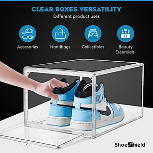 ShoeShield Ultra All Clear Shoe Boxes Plastic Stackable Professional Grade Shoe Display Case with Magnetic Front Drop Door Open Easy Assembly Modern Shoe Sneaker Display Case Fits US Size 14